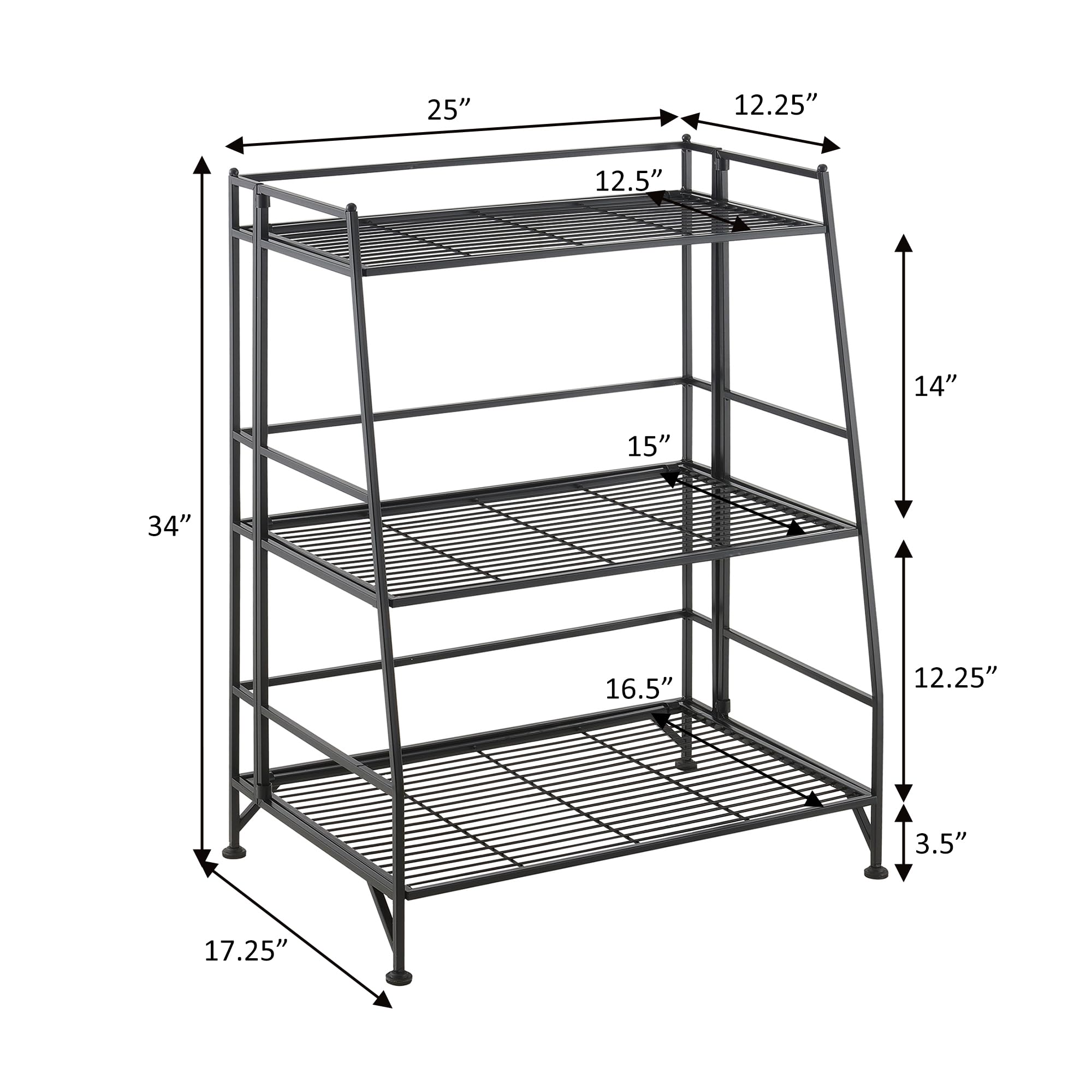 Convenience Concepts Xtra Storage Shelves - 3-Tier Ladder Folding Metal Shelving Organizer Stand, Modern Stands for Storage and Display in Living Room, Bathroom, Office, Den, Kitchen, Garage, Black