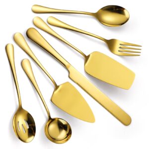 a · houseware gold serving utensils set stainless steel large silverware 7 piece include big spoon fork cake server knife pizza spatula pefect for buffet catering flatware