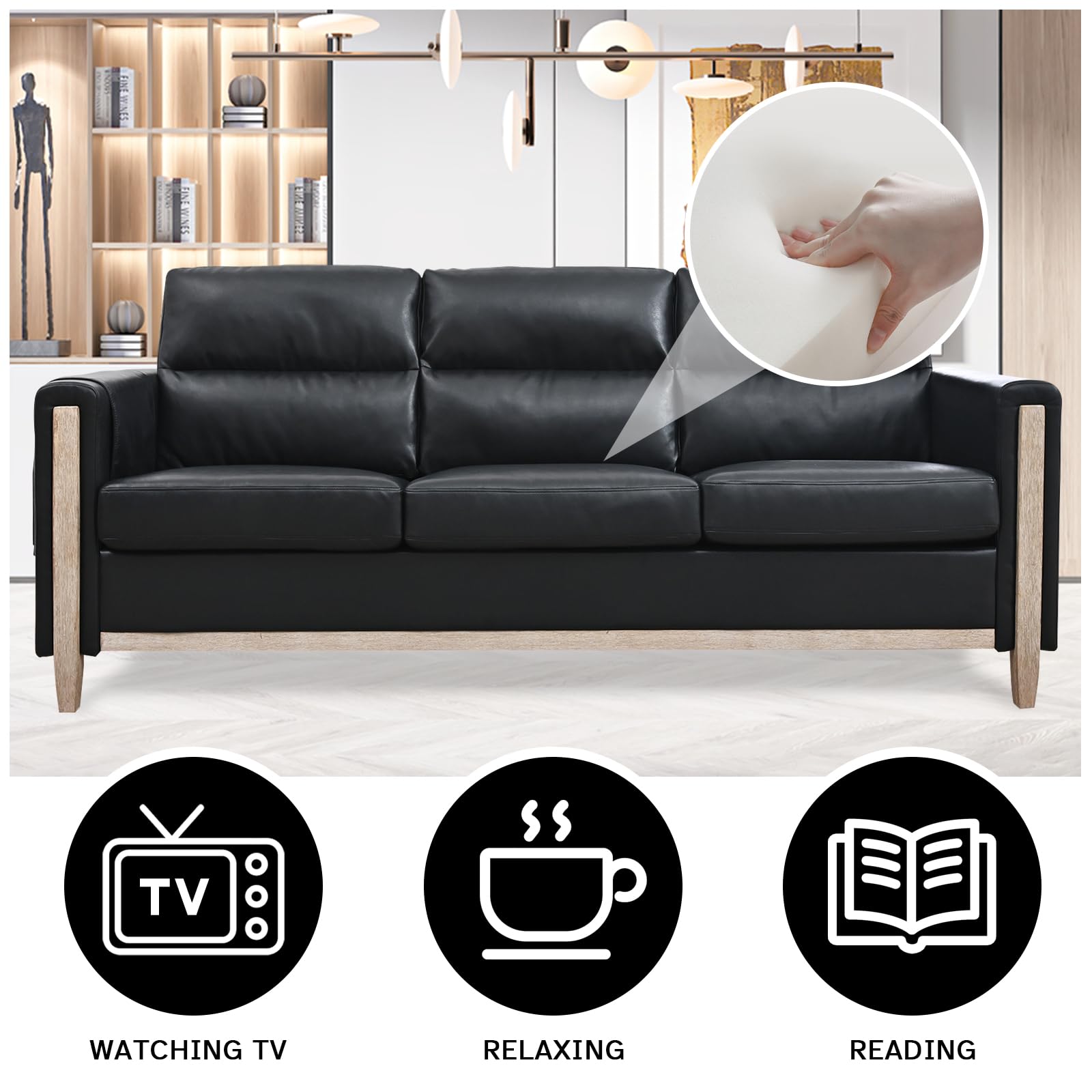 KUVENQIW Faux Leather Sofa Couch with 2 Side Storage Pockets 79.5" Solid Wood 3 Seater Sofa，Soft Cushions,Thick Backrest，Couches for Living Room/Bedroom/Office (Black PU Three-Seater)