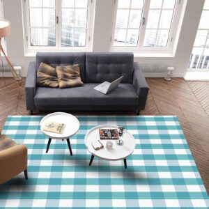 Teal Checkered Area Rugs for Living Room/Bedrooom, 2'x3' Area Rug Non-Slip, Farmhouse Aqua White Buffalo Plaid Kids Room Area Rug Washable Accent Floor Carpet Runner Indoor Outdoor