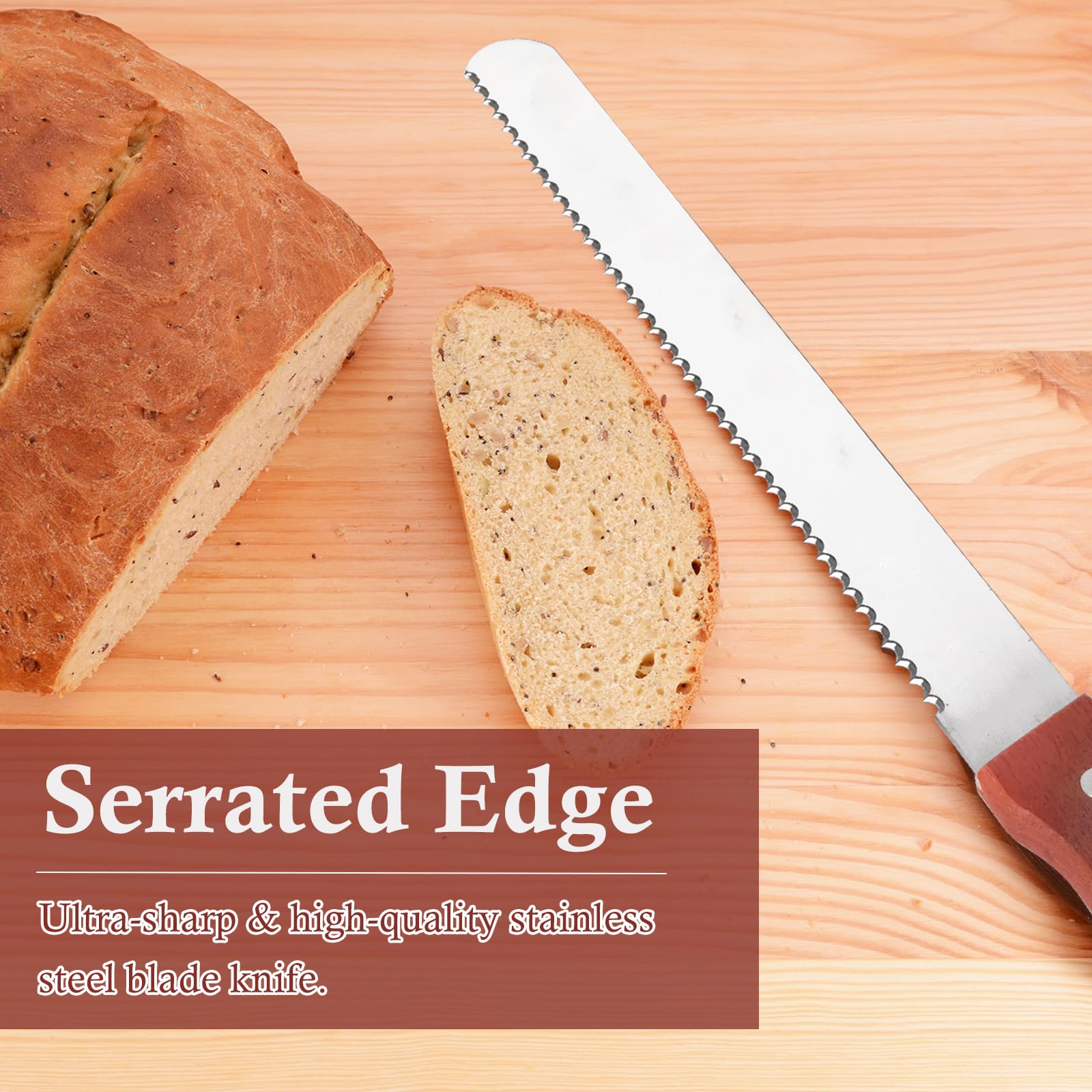 HTBMALL Bread Knife, Chef Serrated Bread Knife For Home Kitchens 10 Inch, Stainless steel Bread Knife, wooden knife handle