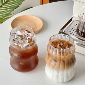 2 pcs ribbed glass cups, 18 oz vintage drinking glassware with wave shape design, bubble cups for iced coffee, juice, beverage, milk, cocktails, bubble tea, and more