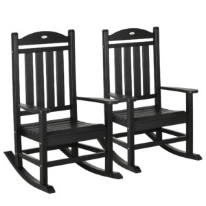 outsunny 2 piece outdoor rocking chair set, hdpe rocking patio chairs with rustic high back, armrests, oversized seat and slatted backrest, 350lbs weight capacity, black