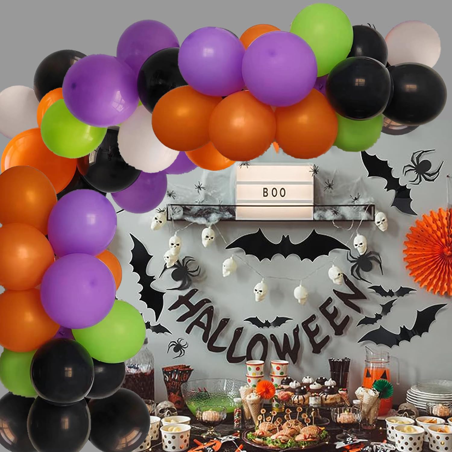 Halloween Balloons w/Ribbon 100 Pack 12 Inch Black Orange White Purple Green Balloons for Halloween Decorations