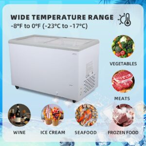 NAFCOOL 12.4 Cu.Ft Commercial Chest Freezer with LED Light,Temp Rang -8°F and 0°F,Glass Top Display Chest Freezer with 6 Removable Wire Baskets,Sliding Lids, Lock,Caster Wheels, White