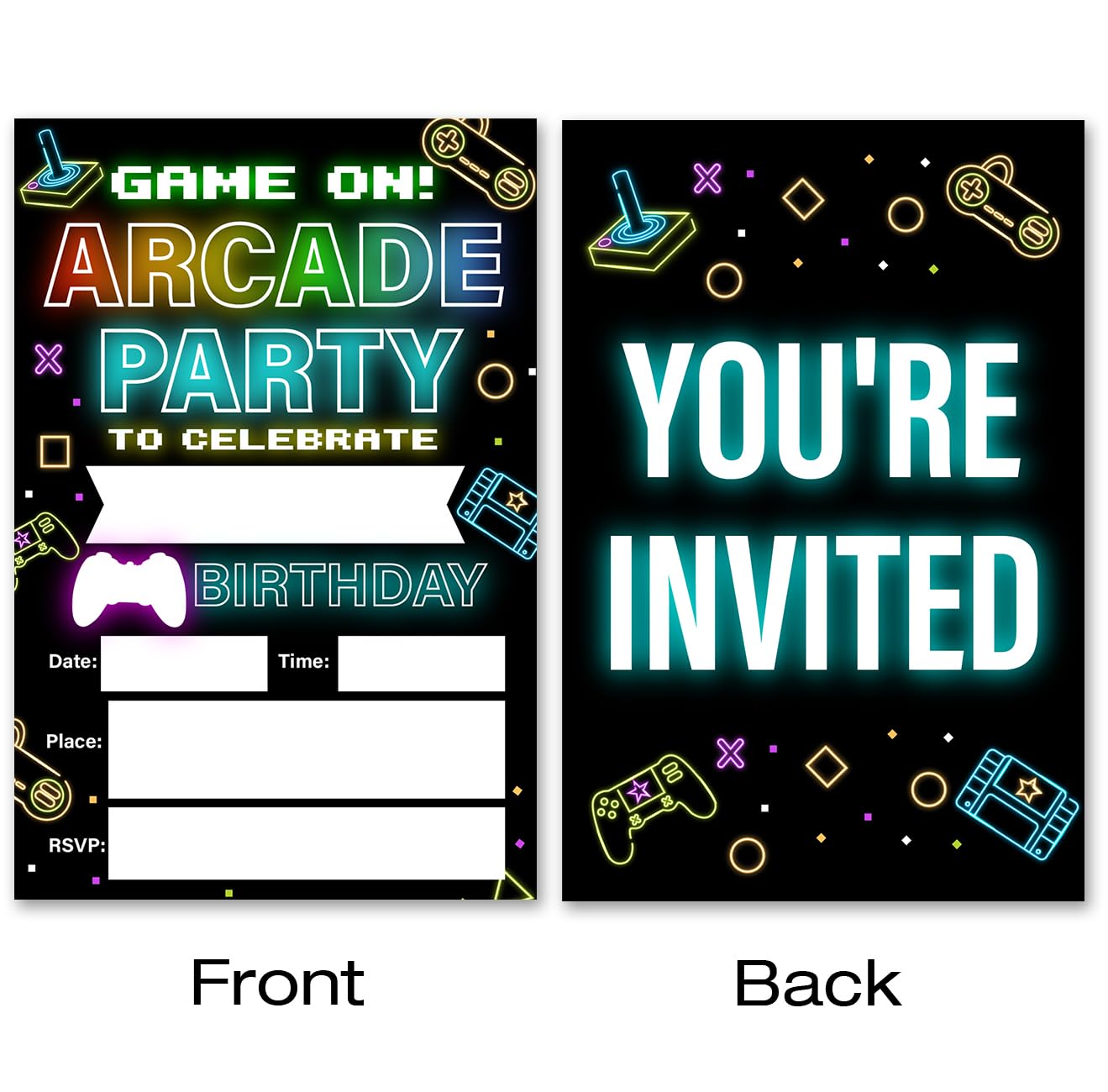 VAHATAN Arcade Party Birthday Invitations 20 Packs Neon Glow Retro Video Gaming Arcade Invites with Envelopes