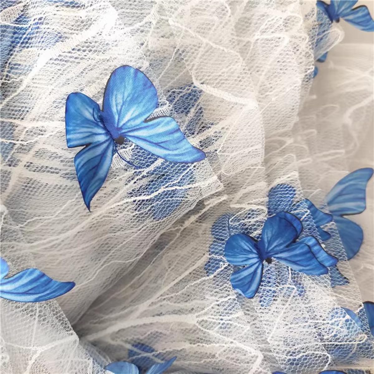 2Yards White mesh Blue Fantasy Butterfly Embroidery Lace White Mesh Fabric DIY Beautiful Creative Skirt Dress Decoration Fabric(White)