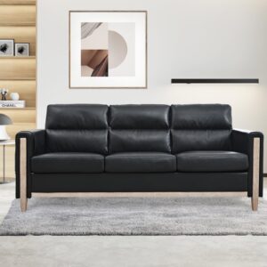 kuvenqiw faux leather sofa couch with 2 side storage pockets 79.5" solid wood 3 seater sofa，soft cushions,thick backrest，couches for living room/bedroom/office (black pu three-seater)