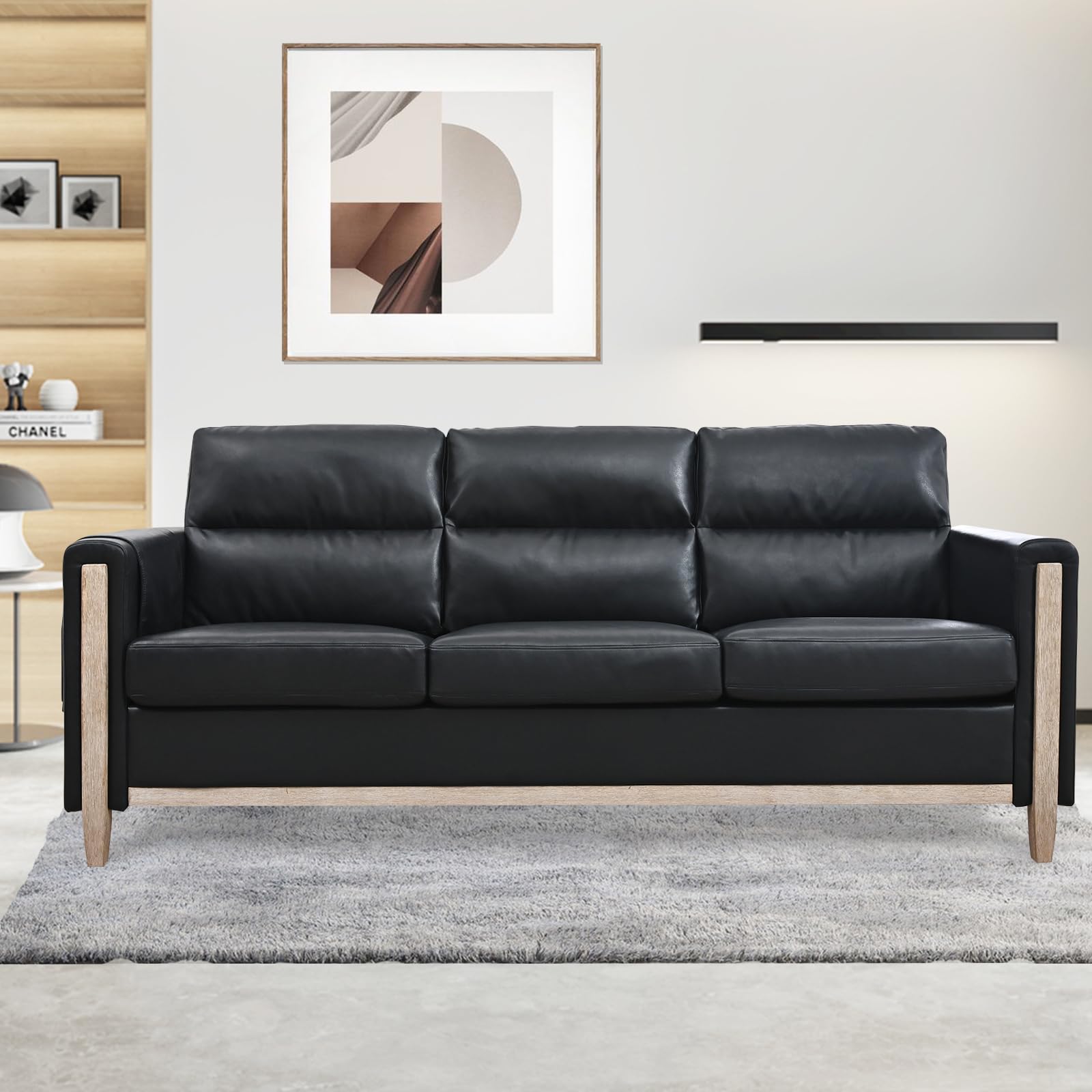 KUVENQIW Faux Leather Sofa Couch with 2 Side Storage Pockets 79.5" Solid Wood 3 Seater Sofa，Soft Cushions,Thick Backrest，Couches for Living Room/Bedroom/Office (Black PU Three-Seater)