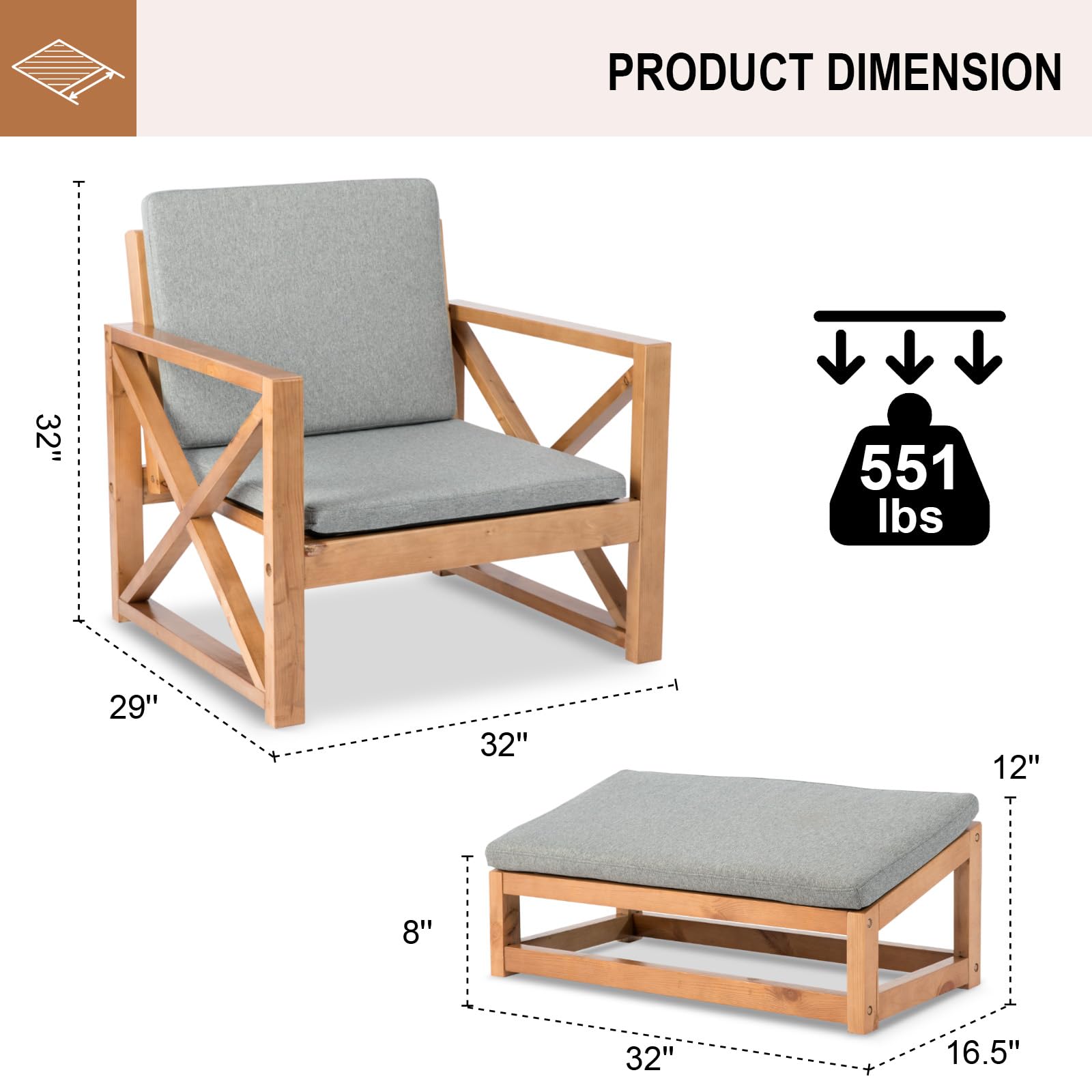 FURNDOOR 2-Piece Wood Patio Chair and Ottoman Set with Cushions Outdoor Patio Furniture Set Outdoor Chairs with Ottomans Set of 2 for Backyard, Porch, and Poolside (2 Sofa+2 Ottoman)