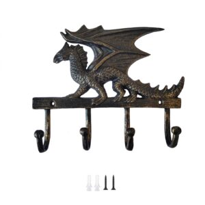 catchdragon cast iron coat racks wall mounted-3/4 hooks, dragon decorative wall hooks for hanging coats towels hats keys (dragon-3-anti gold)