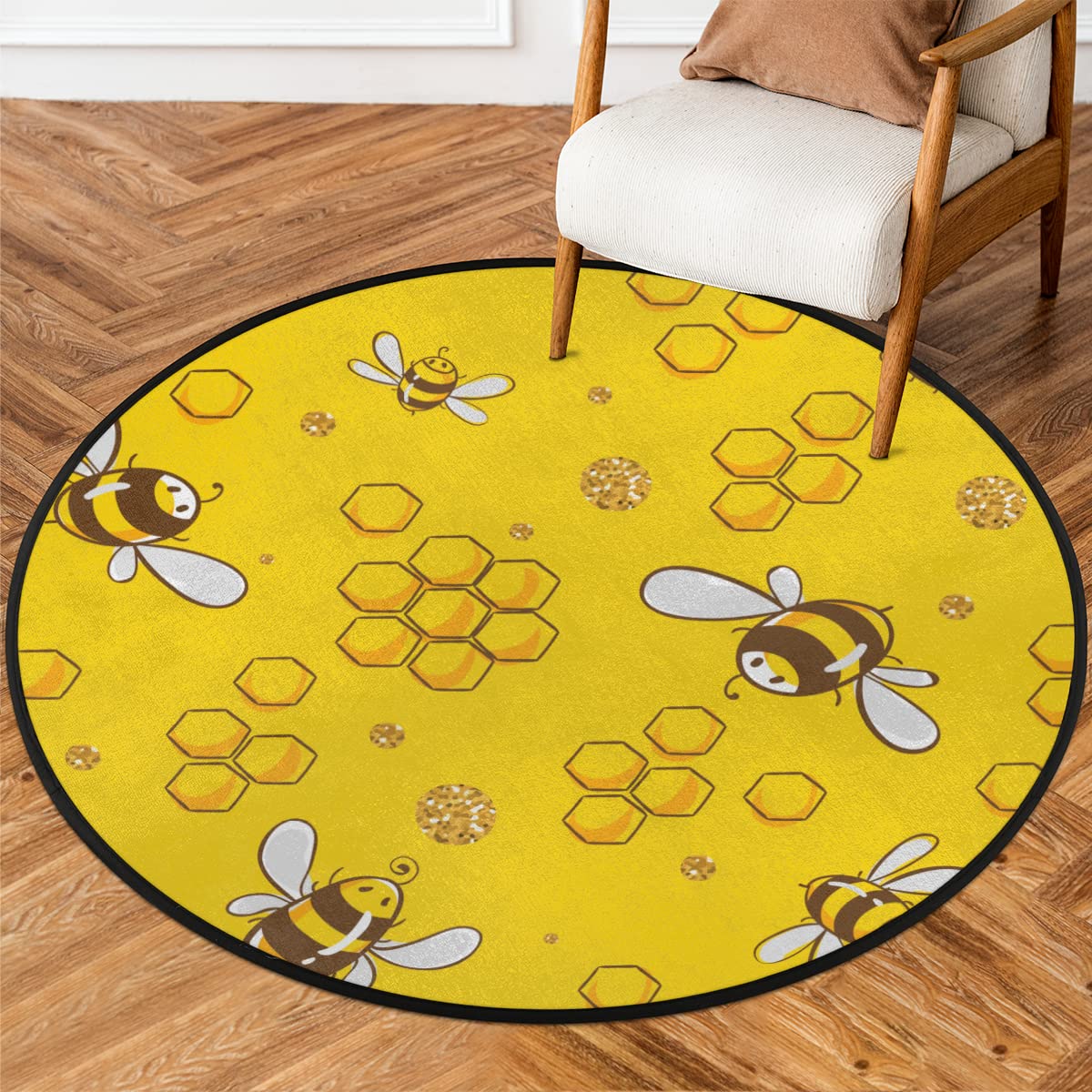 30X30 Inch Round Area Rug Cute Yellow Bee Large Circle Rugs Non-Slip Soft Indoor Throw Rugs Washable Floor Mat Carpet for Bedroom Living Room Sofa Nursery Kids Playroom Decor