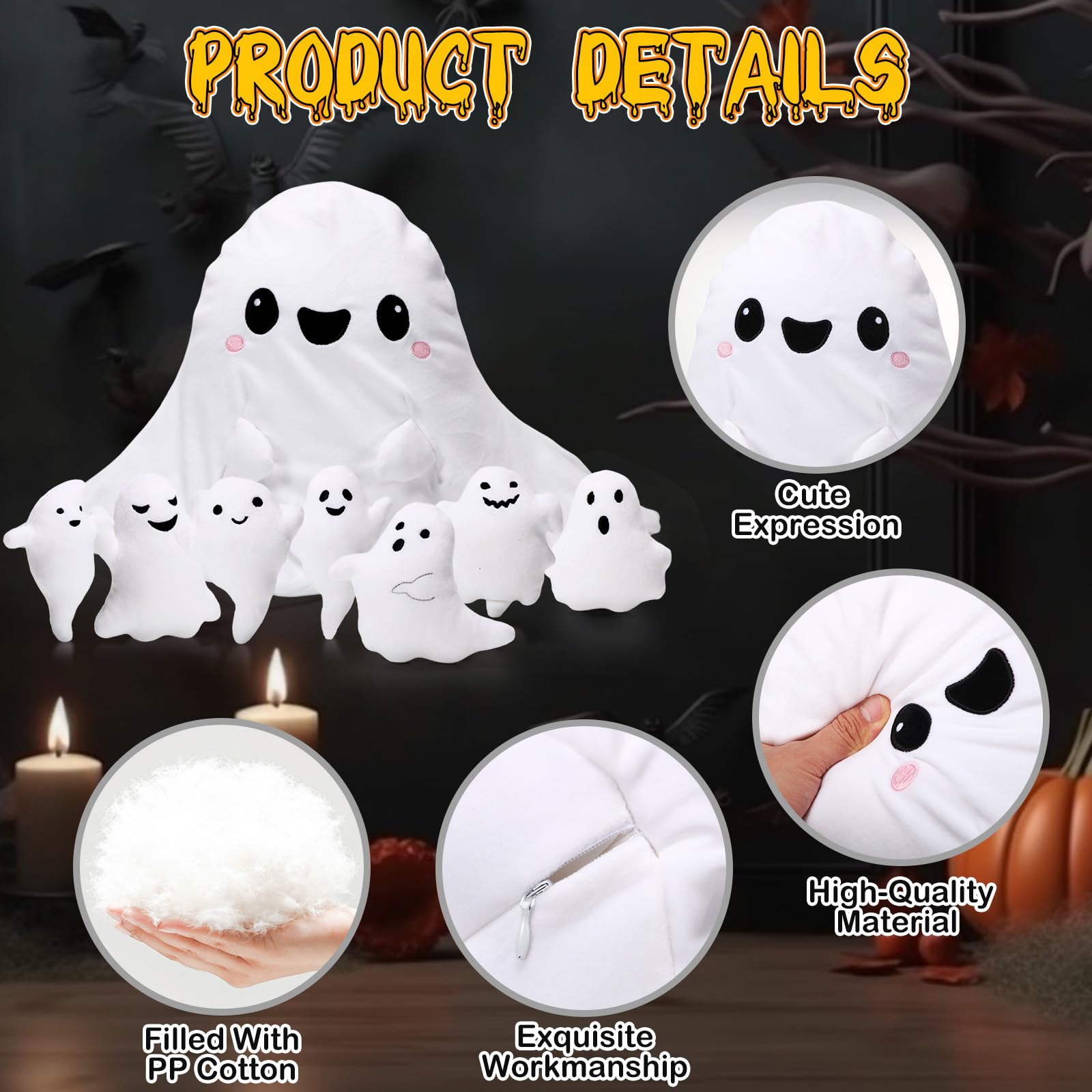 Liliful 16 Inch Ghost Plush Toy Sets Adorable Ghost Stuffed Animal Mommy Pillow with 7 Cute Plush Babies Soft Funny White Ghost Plushies Gift for Christmas Boys Girls Birthday Holiday(Smile)