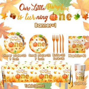 Dydamud Our Little Pumpkin is Turning One Decorations,143Pcs Little Pumpkin 1st Birthday Tableware Maple Leaf Fall Baby Shower Plates and Napkins for Thanksgiving Pumpkin First birthday Supplies