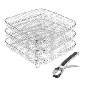 Square Air Fryer Rack,3 Layer Stainless Steel Stackable Dehydrato-r Rack with An-ti-scalding Clip,Stainless Steel Multi-Layer Dehydrato-r Rack Air fryer Accessories(Silver)