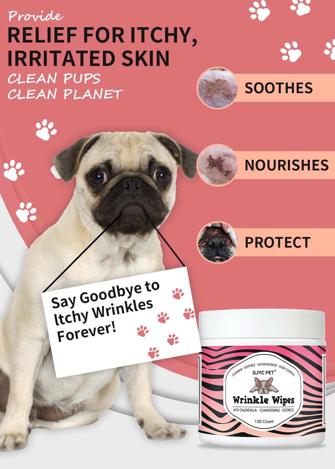 Natural Wrinkle Wipes for Dogs, 120 Count, Hypoallergenic Dog Wipes, Wrinkle Wipes French Bulldog, Cleaning & Deodorizing, Dog Wipes for Grooming Faces, Paws & Butts