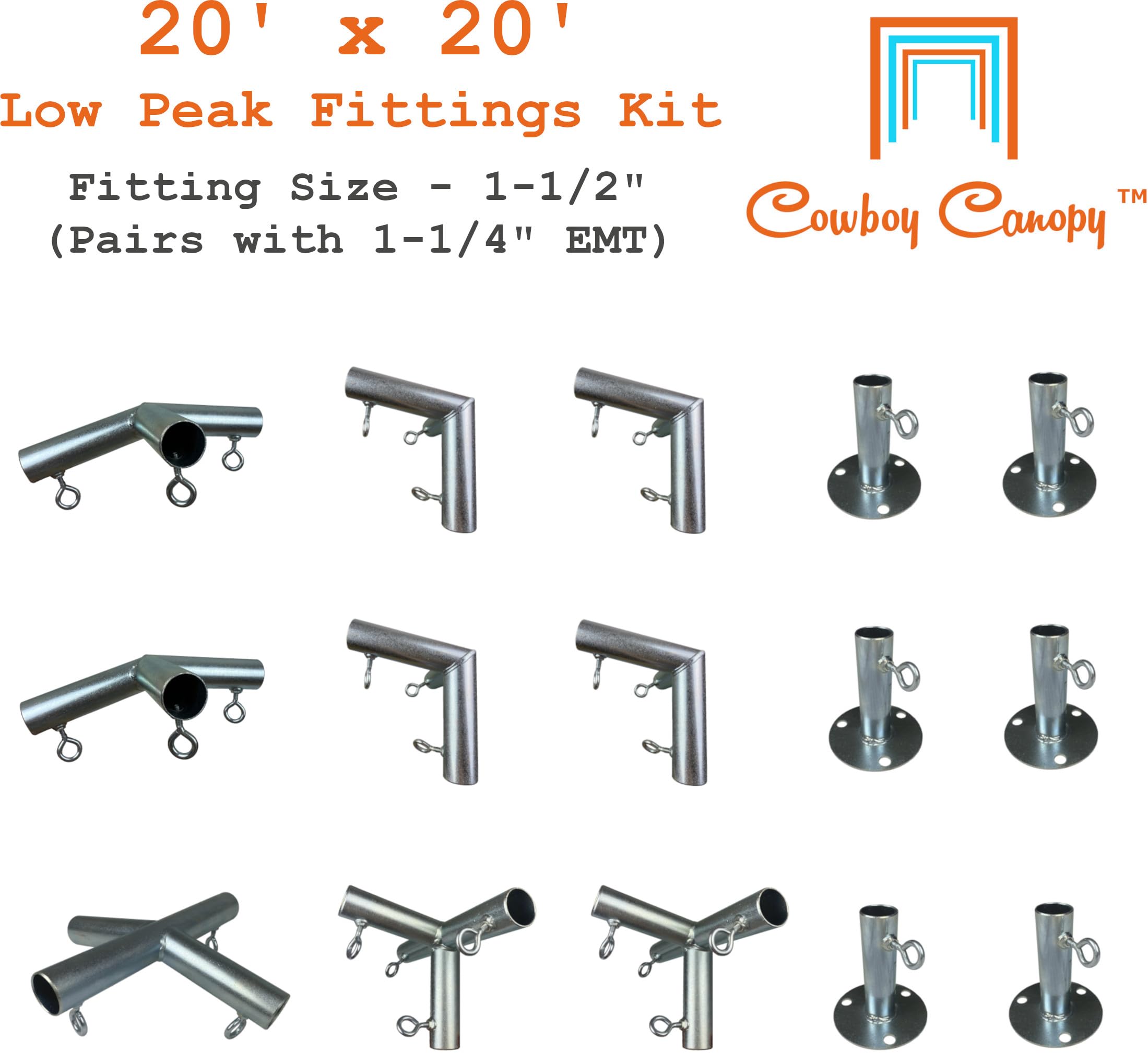 Carport Kit, 20' x 20' Low Peak Canopy Fittings, DIY Metal Carport Frame Parts, 1-1/2" EMT Fittings