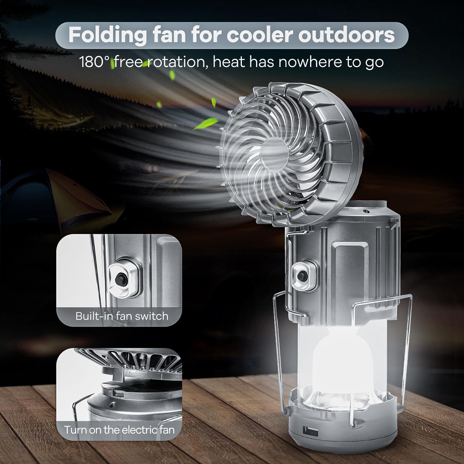 Camping Lanterns with Fan,Solar Camping Fan Charging for Phone, Rechargeable LED Lanterns Camping Fans for Tents Power Outage Hurricanes Camping Gear(Silver)