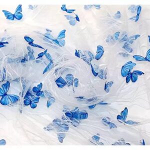 2Yards White mesh Blue Fantasy Butterfly Embroidery Lace White Mesh Fabric DIY Beautiful Creative Skirt Dress Decoration Fabric(White)