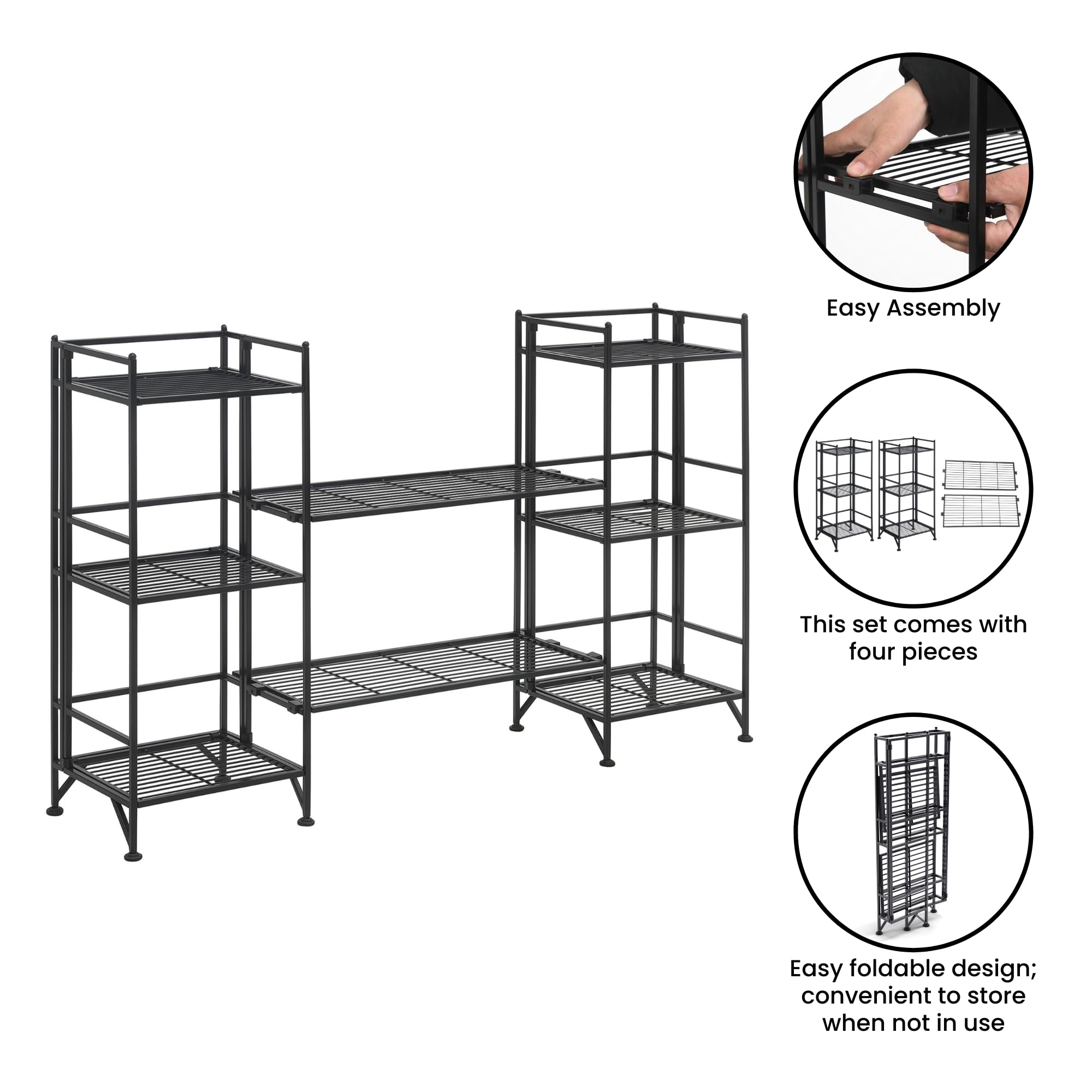 Convenience Concepts Xtra Storage 3 Tier Folding Metal Shelves with Set of 2 Extension Shelves - Organizer for Living Room, Office, Bedroom, Garage, Kitchen, Bathroom, Black