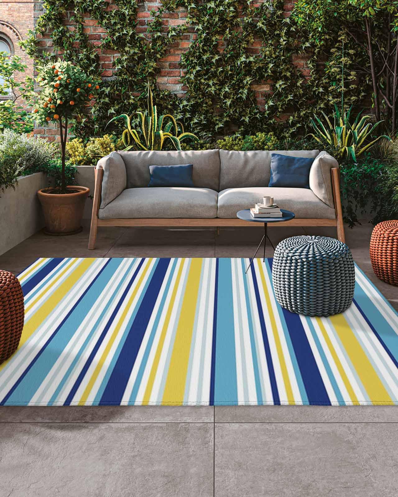 Blue Yellow Striped Outdoor Rug for Patio/Deck/Porch, Non-Slip Large Area Rug 4 x 6 Ft, Farmhouse Navy Blue Ombre Stripes Indoor Outdoor Rugs Washable Area Rugs, Reversible Camping Rug Carpet Runner