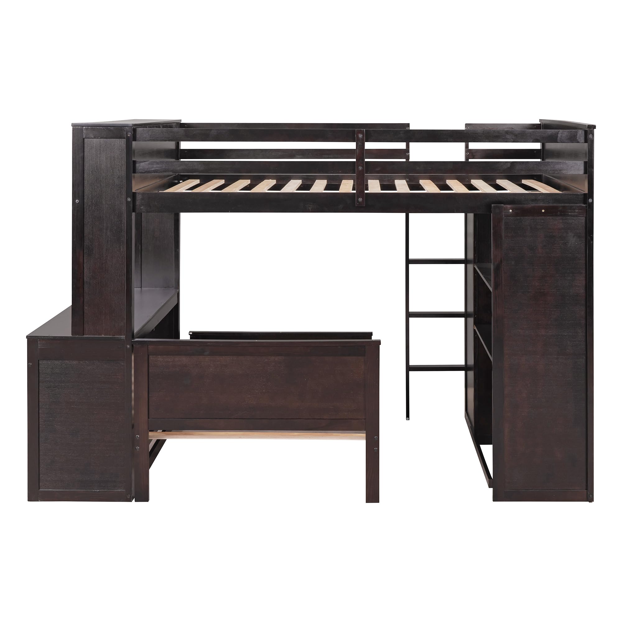 Full Over Twin Bunk Bed with Desk, Wood Full Size Loft Bed with Storage Shelves, Wardrobe and A Twin Platform Bed Frame for Kids Boys Girls Teens, Espresso