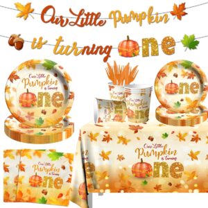 dydamud our little pumpkin is turning one decorations,143pcs little pumpkin 1st birthday tableware maple leaf fall baby shower plates and napkins for thanksgiving pumpkin first birthday supplies