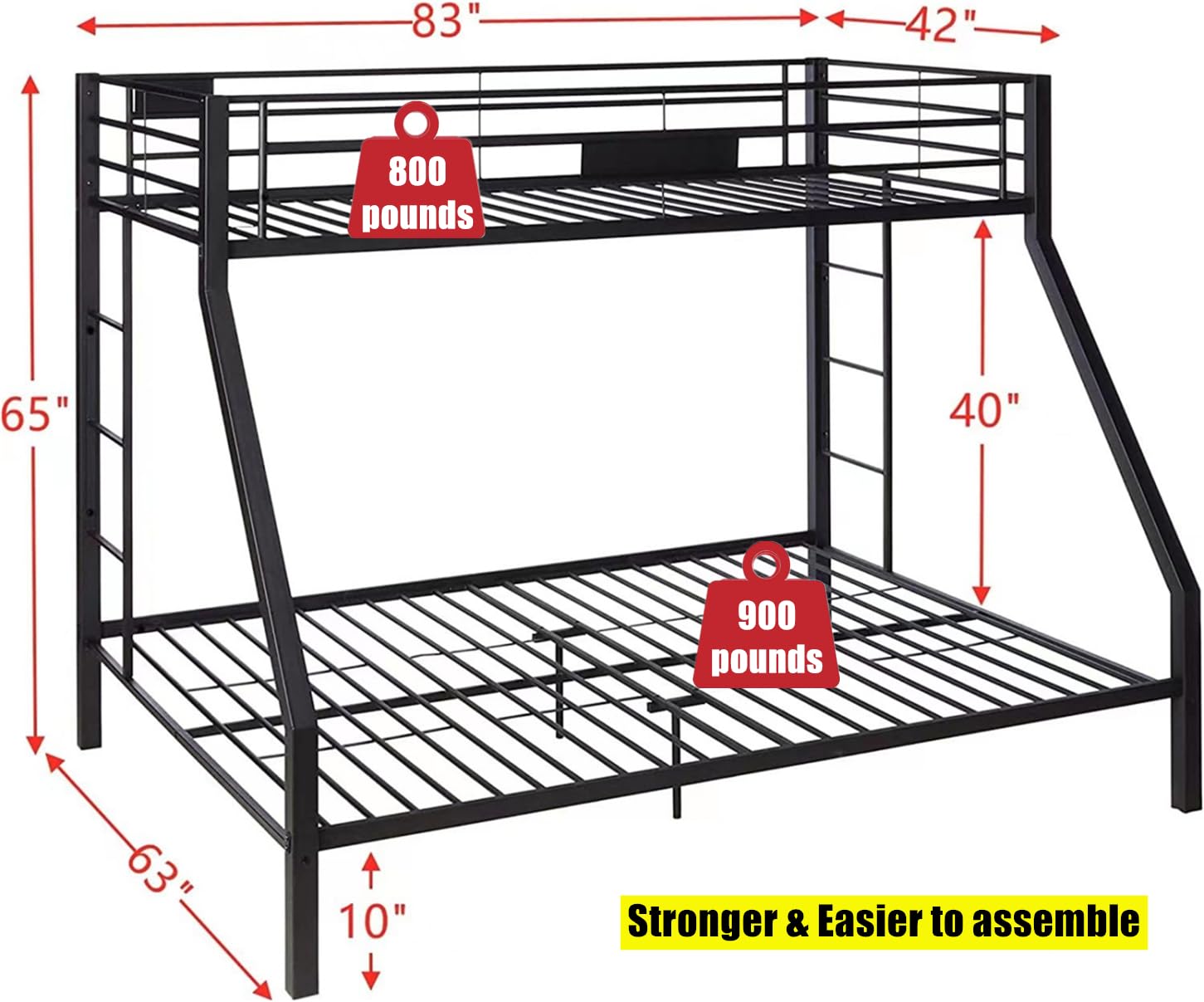 SIGONE Stronger and Safer Metal Bunk Bed Twin XL Over Queen Size Black Heavy Duty Thicken Safer More Stable Steel Bunk Queen Bed with Reinforced Legs and Ladder, Easier Assembly (Twin XL Over Queen)