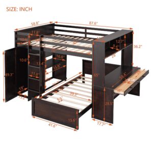 Full Over Twin Bunk Bed with Desk, Wood Full Size Loft Bed with Storage Shelves, Wardrobe and A Twin Platform Bed Frame for Kids Boys Girls Teens, Espresso