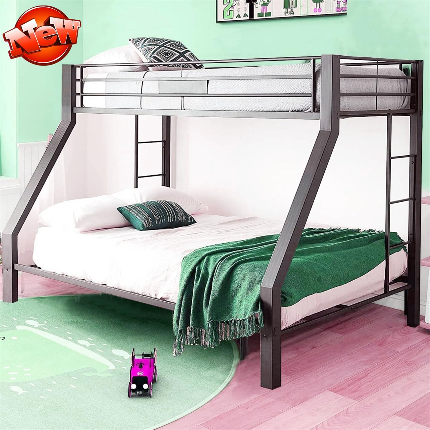 SIGONE Stronger and Safer Metal Bunk Bed Twin XL Over Queen Size Black Heavy Duty Thicken Safer More Stable Steel Bunk Queen Bed with Reinforced Legs and Ladder, Easier Assembly (Twin XL Over Queen)