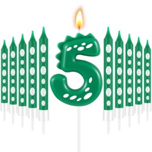 mtlee dinosaur green birthday candles and 12 pcs green white dinner candles 2.36 x 1.8 inch numeral dinosaur candle 3.1 inch long tall candle for birthday dinosaur theme party decorations (number 5)