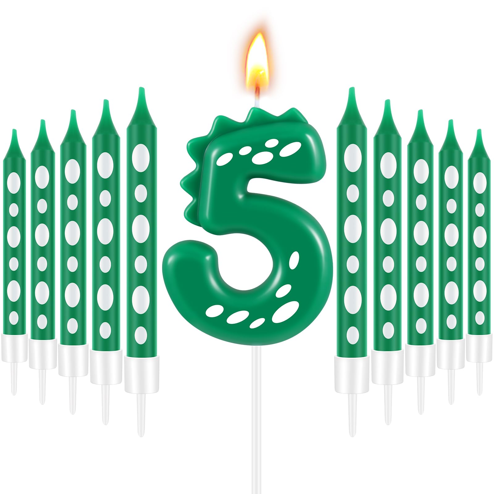 MTLEE Dinosaur Green Birthday Candles and 12 Pcs Green White Dinner Candles 2.36 x 1.8 Inch Numeral Dinosaur Candle 3.1 Inch Long Tall Candle for Birthday Dinosaur Theme Party Decorations (Number 5)