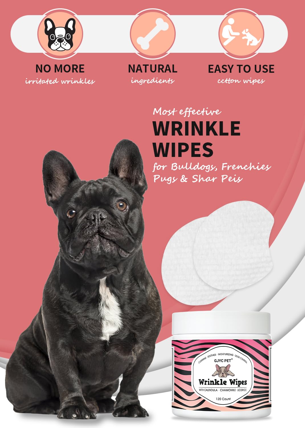 Natural Wrinkle Wipes for Dogs, 120 Count, Hypoallergenic Dog Wipes, Wrinkle Wipes French Bulldog, Cleaning & Deodorizing, Dog Wipes for Grooming Faces, Paws & Butts