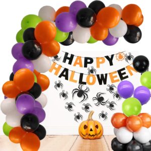 Halloween Balloons w/Ribbon 100 Pack 12 Inch Black Orange White Purple Green Balloons for Halloween Decorations