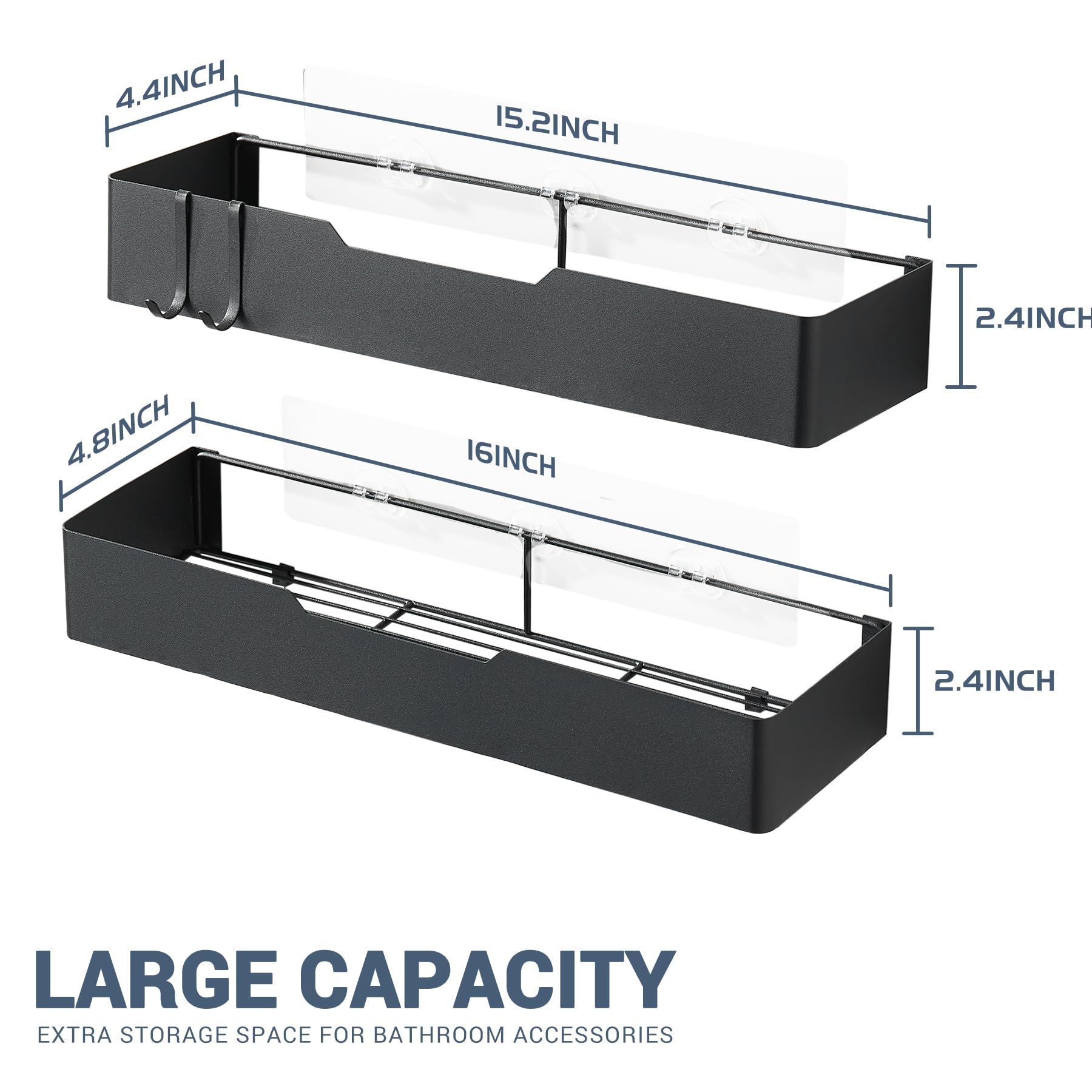 Rise age Adhesive Shower Caddy 2 PCs, Large shower shelves for inside shower, Rustproof Shower Caddy Black No Drilling Bathroom Shower Organizer, Wall Mount Shower Caddy with 4 Removable Hooks(Black)