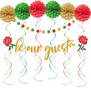 aonor beauty and the beast party supplies - be our guest banner sign, pom poms flowers, circle dots garland and swirls for bridal shower, engagement party decorations, beauty and the beast decor