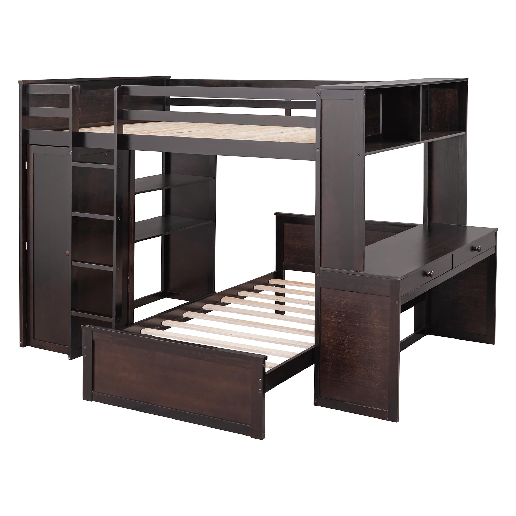 Full Over Twin Bunk Bed with Desk, Wood Full Size Loft Bed with Storage Shelves, Wardrobe and A Twin Platform Bed Frame for Kids Boys Girls Teens, Espresso