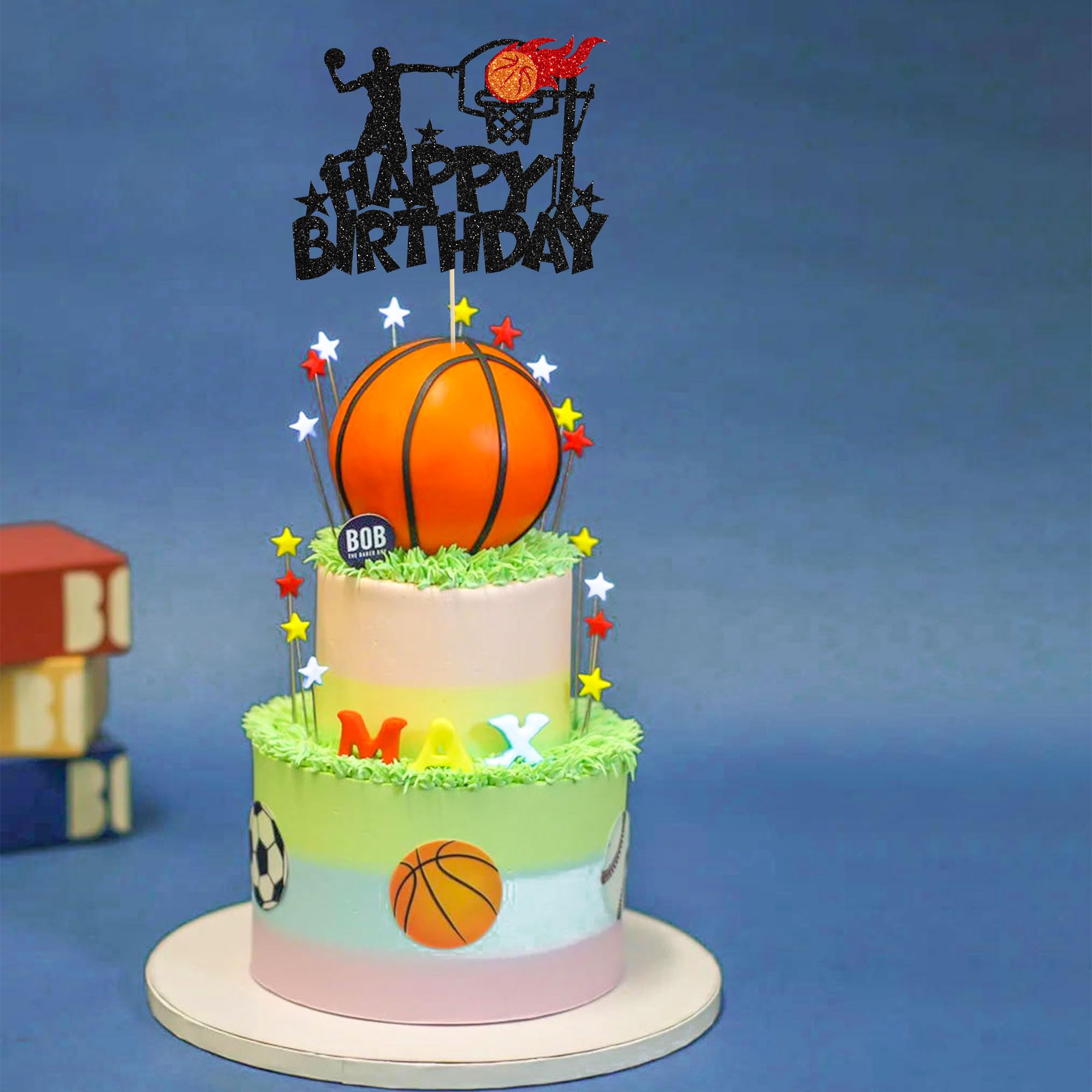 1Pc Basketball Happy Birthday Cake Topper Glitter Basketball Sports Theme Birthday Cake Pick for Basketball Theme Baby Shower Birthday Party Cake Decorations Supplies