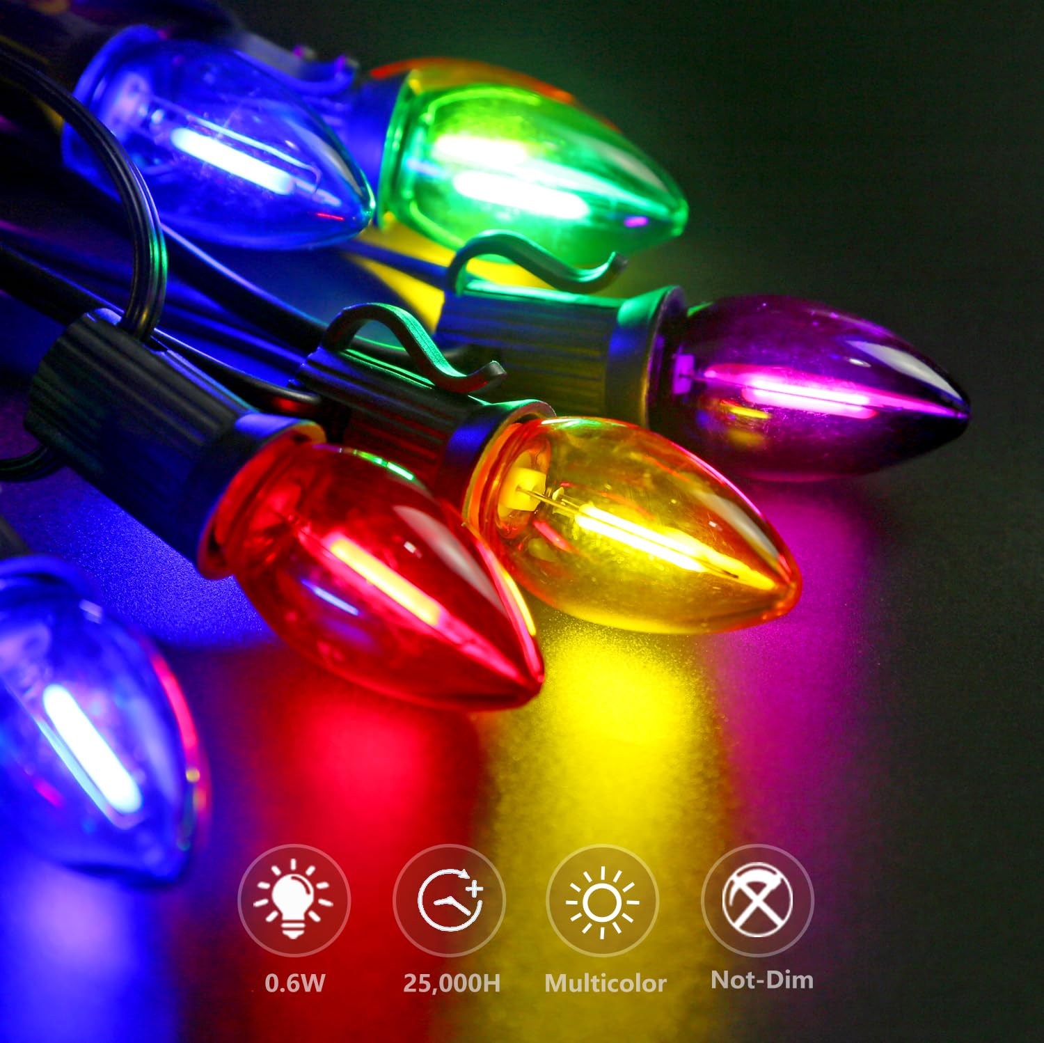 Exiugus 25Pack Shatterproof & Waterproof C7 Replacement LED Light Bulbs – 0.6W Equivalent to 7W, Multi-Color C7 LED Bulbs for Outdoor String Light, Commercial Grade Holiday Bulbs