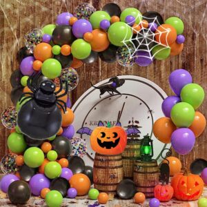 Halloween Latex Balloon Garland Arch Kit-Orange Purple Black Green Confetti balloons with Pumpkin Foil Balloon,Bat foil balloon,Spider web for Halloween party