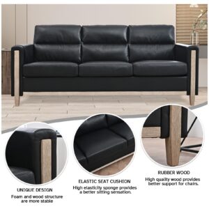 KUVENQIW Faux Leather Sofa Couch with 2 Side Storage Pockets 79.5" Solid Wood 3 Seater Sofa，Soft Cushions,Thick Backrest，Couches for Living Room/Bedroom/Office (Black PU Three-Seater)