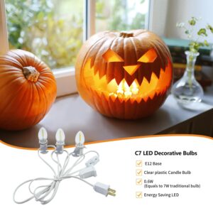 Erxiugs Chainable Accessory Cord with Three (3) c7/e12 Candelabra LED Light Bulbs, 8ft Blow Mold Light Cord with Male and Female Plugs for Village Accessories Houses Ceramics Tree Art and Craft.