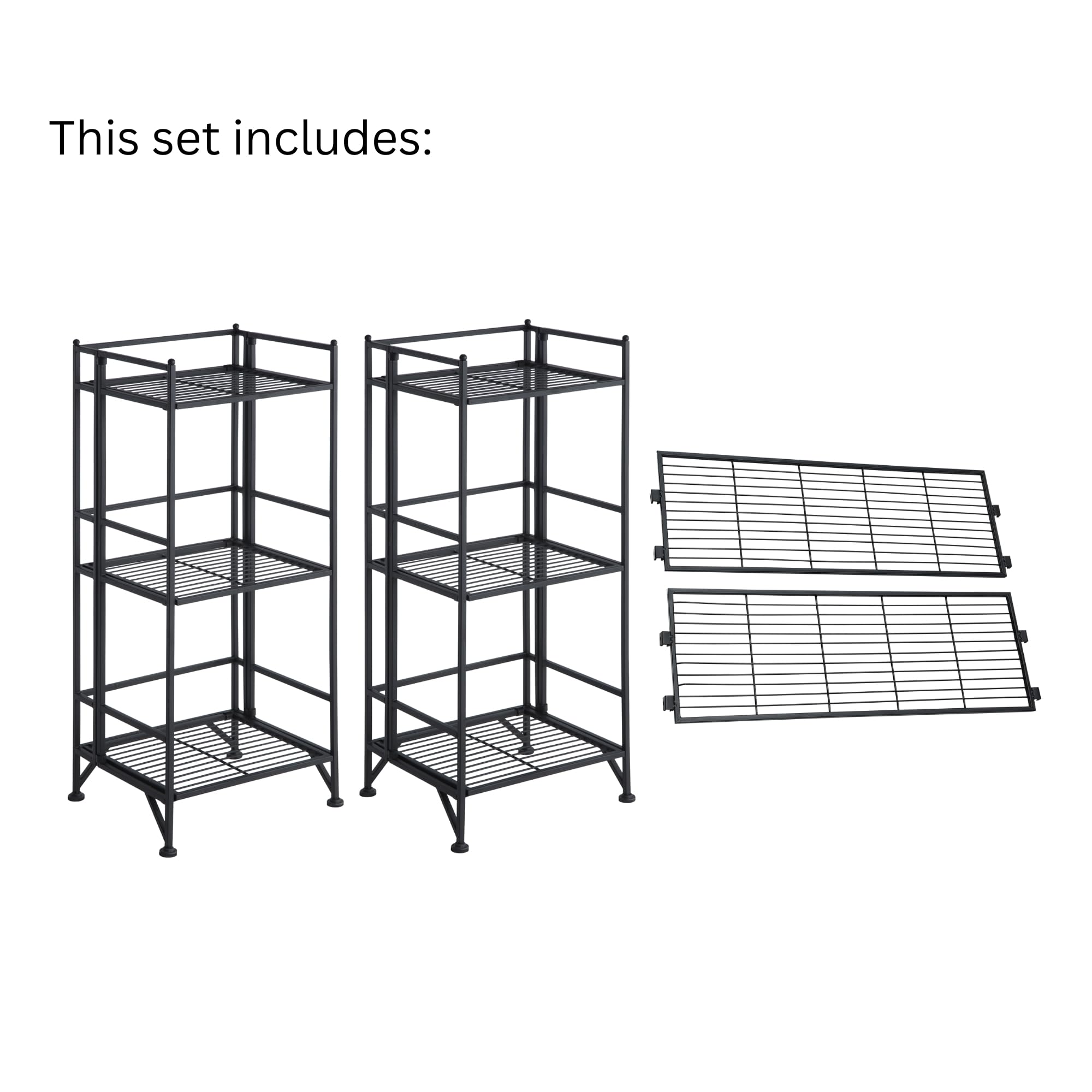 Convenience Concepts Xtra Storage 3 Tier Folding Metal Shelves with Set of 2 Deluxe Extension Shelves - Organizer for Living Room, Office, Bedroom, Garage, Kitchen, Bathroom, Black