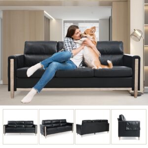 KUVENQIW Faux Leather Sofa Couch with 2 Side Storage Pockets 79.5" Solid Wood 3 Seater Sofa，Soft Cushions,Thick Backrest，Couches for Living Room/Bedroom/Office (Black PU Three-Seater)