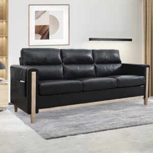 KUVENQIW Faux Leather Sofa Couch with 2 Side Storage Pockets 79.5" Solid Wood 3 Seater Sofa，Soft Cushions,Thick Backrest，Couches for Living Room/Bedroom/Office (Black PU Three-Seater)