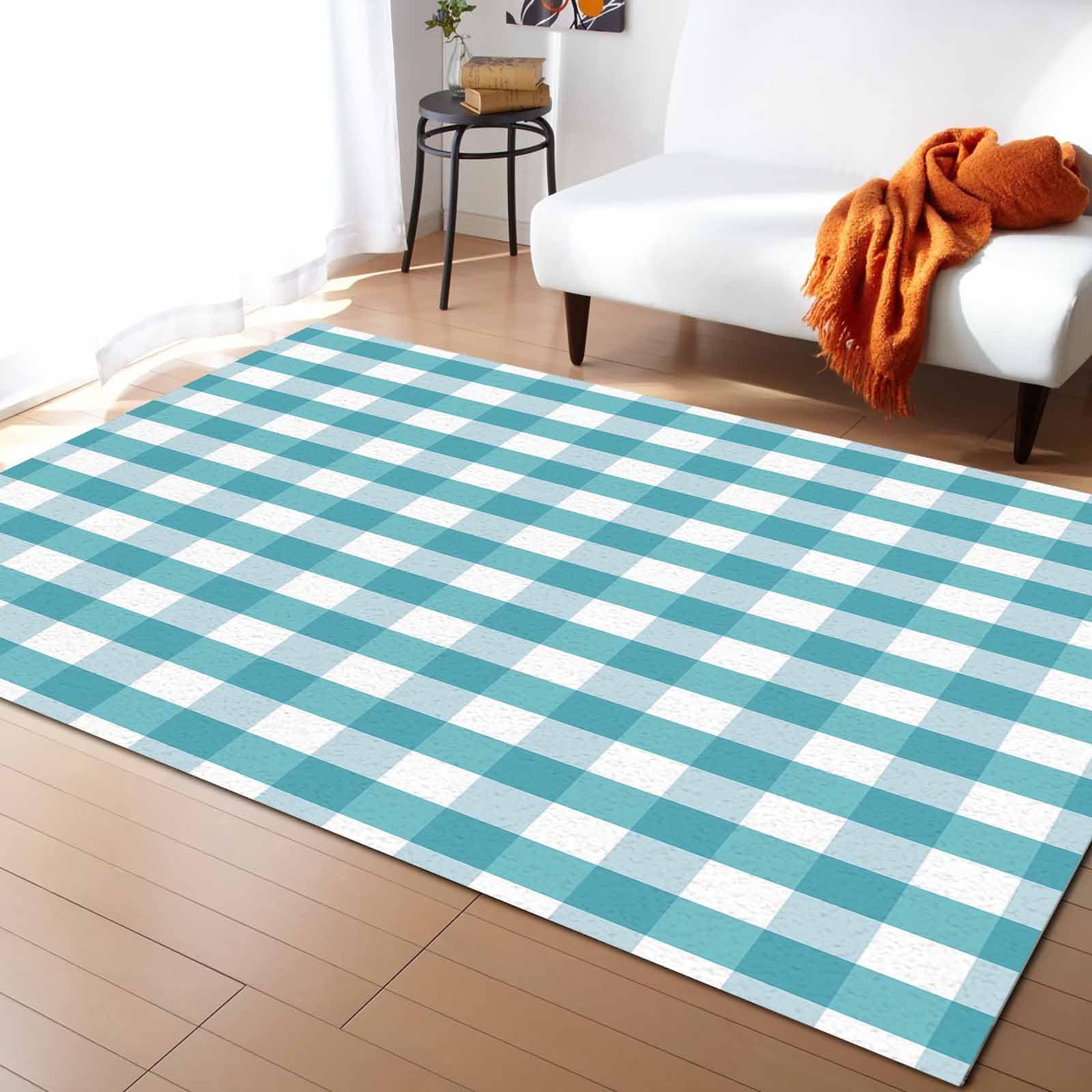 Teal Checkered Area Rugs for Living Room/Bedrooom, 2'x3' Area Rug Non-Slip, Farmhouse Aqua White Buffalo Plaid Kids Room Area Rug Washable Accent Floor Carpet Runner Indoor Outdoor