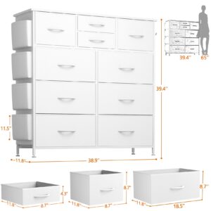 YaFiti 10 Drawer Dresser, Chest of Drawers for Bedroom, PU Dresser with Side Pockets, Hooks, Wooden Top and Sturdy Metal Frame for Living Room, Closet, Hallway (White)