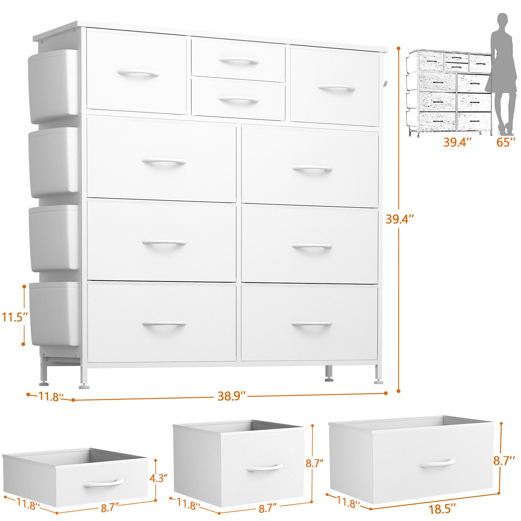 YaFiti 10 Drawer Dresser, Chest of Drawers for Bedroom, PU Dresser with Side Pockets, Hooks, Wooden Top and Sturdy Metal Frame for Living Room, Closet, Hallway (White)