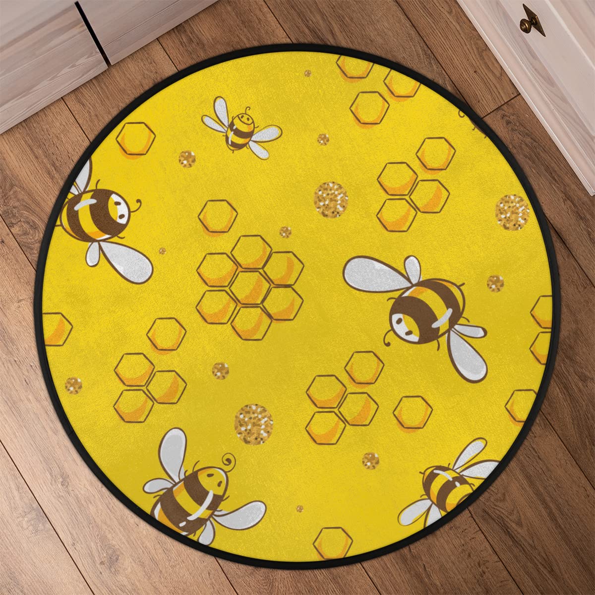 30X30 Inch Round Area Rug Cute Yellow Bee Large Circle Rugs Non-Slip Soft Indoor Throw Rugs Washable Floor Mat Carpet for Bedroom Living Room Sofa Nursery Kids Playroom Decor