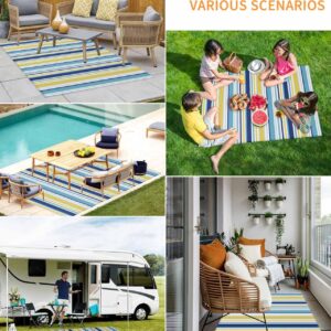 Blue Yellow Striped Outdoor Rug for Patio/Deck/Porch, Non-Slip Large Area Rug 4 x 6 Ft, Farmhouse Navy Blue Ombre Stripes Indoor Outdoor Rugs Washable Area Rugs, Reversible Camping Rug Carpet Runner